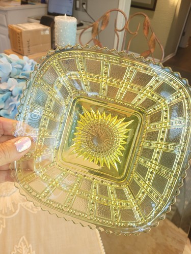 Unmarked Imperial Glass “Beaded Block” 8" Plate Vaseline Glass Uranium ...