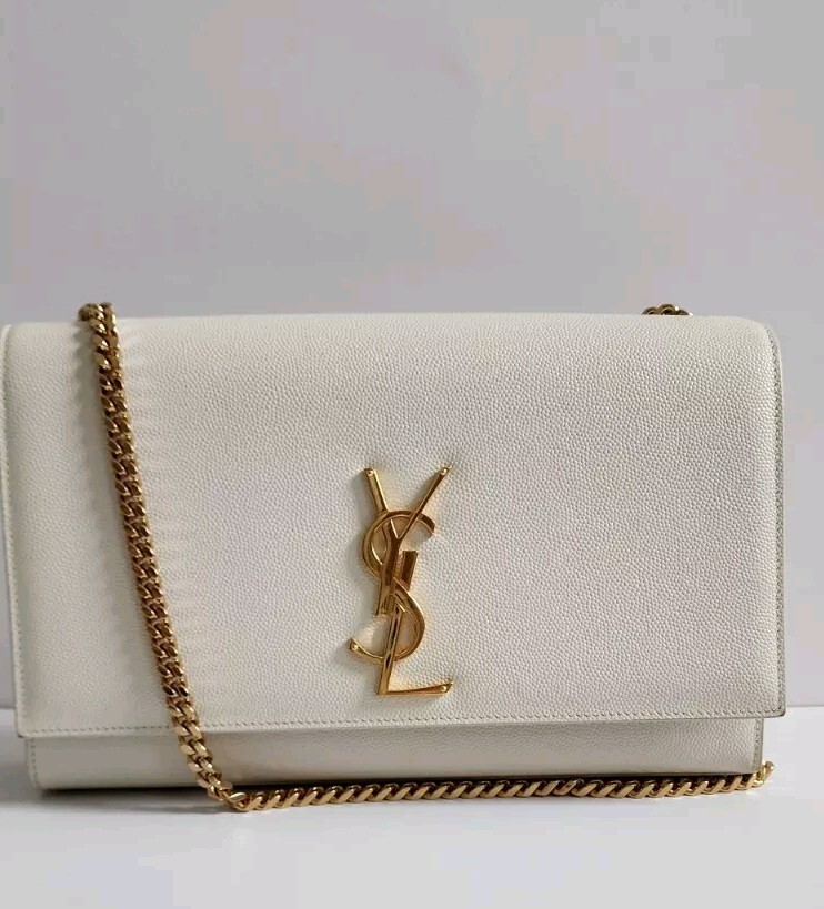 YSL SAINT LAURENT MONOGRAM KATE DOVE WHITE GOLD HARDWARE GRAINED ...