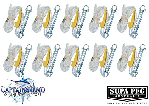 SUPA PEG 10 X STANDARD TENT POLE SINGLE GUY ROPES TRACE & SPRING TARP ...