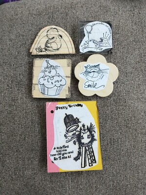 Full Fluffles Cat Rubber Stamp Lot Birthday Cupcake Birdcage Ladybug ...