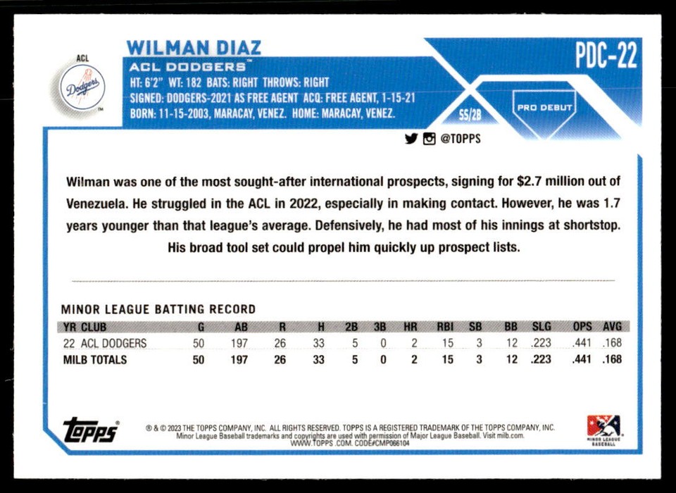 2023 Topps Pro Debut Chrome PDC22 Wilman Diaz Dodgers Baseball Card | eBay