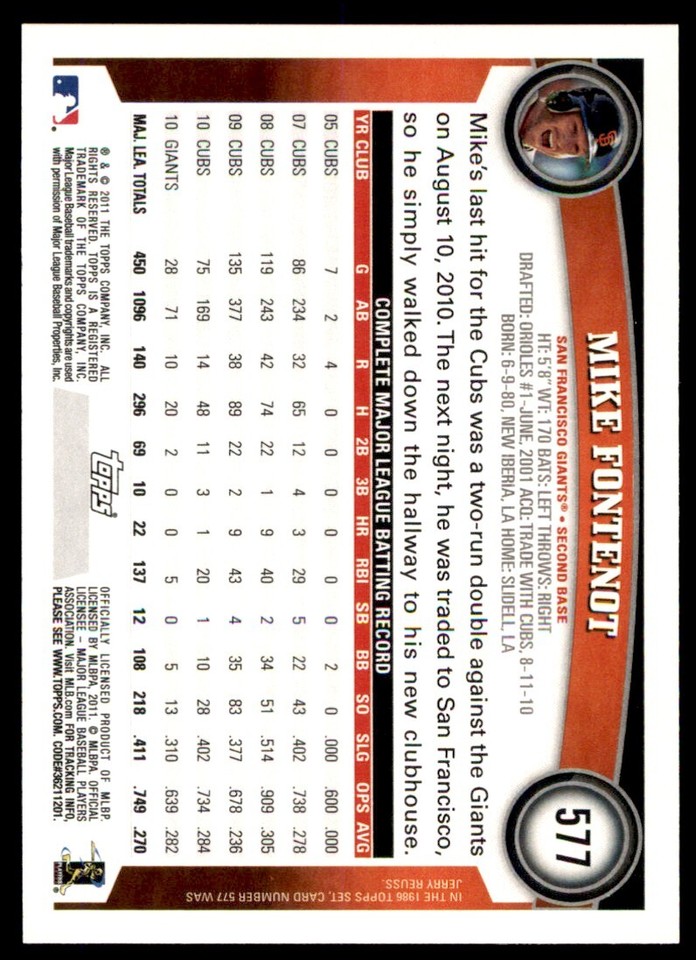 2011 TOPPS #577 MIKE FONTENOT SAN FRANCISCO GIANTS | eBay