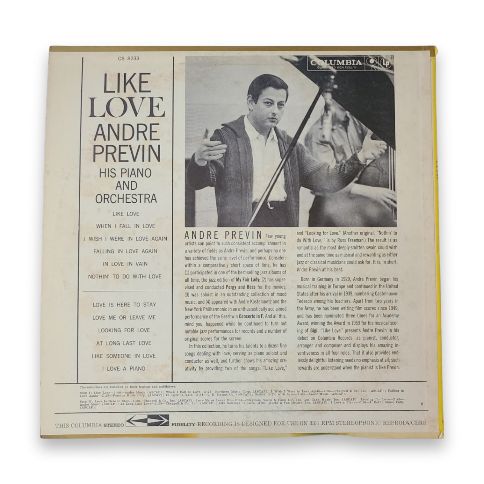 Andre Previn - Like Love - Columbia Records 1958 - CS 8233 - Vinyl ...