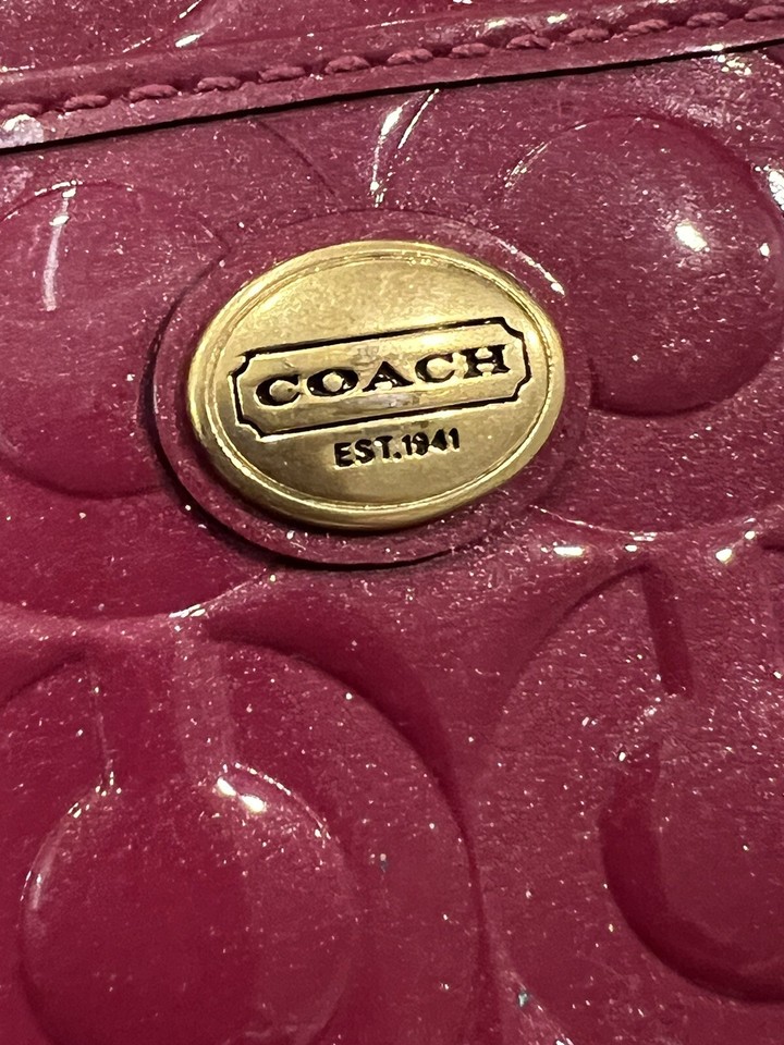 Coach Merlot Peyton Signature Embossed Patent Leather Wristlet / Wallet ...
