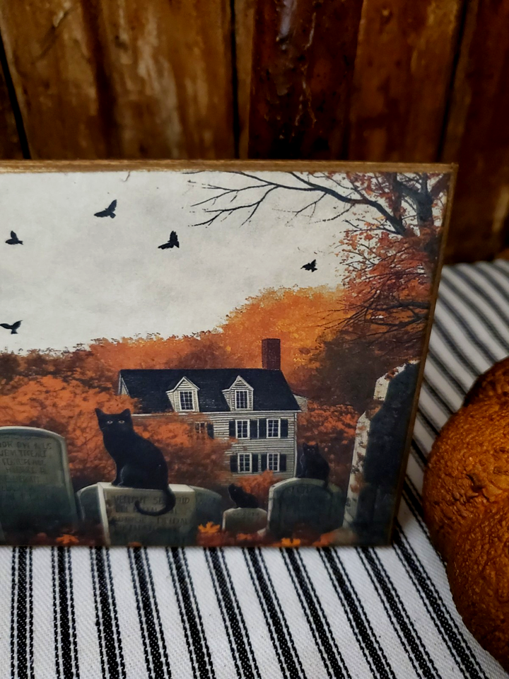 VINTAGE OLD FOLK PRIMITIVE STYLE HALLOWEEN BLACK CAT CEMENTERY TOWN ...