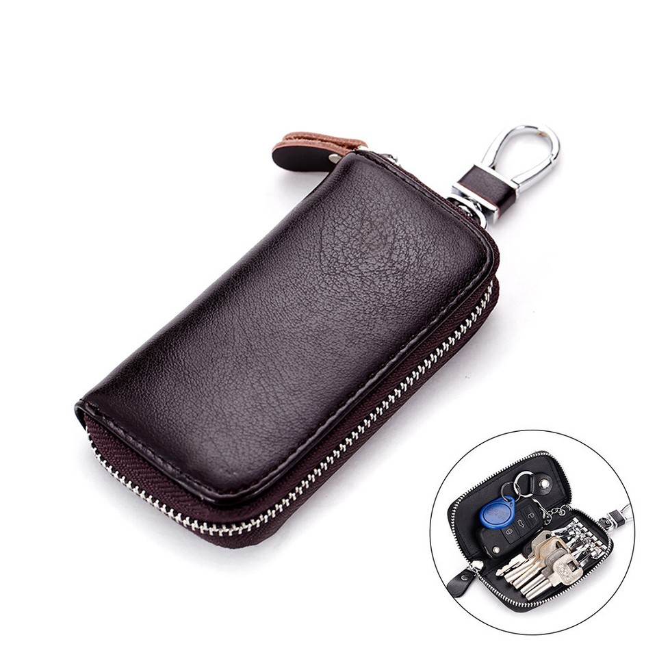Genuine Leather Car Key Fob Case Holder Smart Keychain Protector Zipper ...