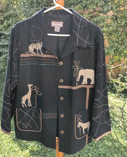 Allison Daley Jacket Junge Safari Embroidered Elephant Zebra Button Up ...