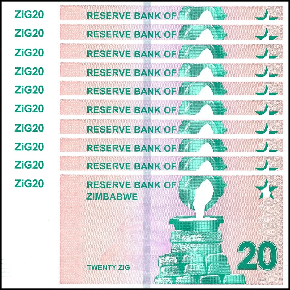 10 X Zimbabwe ZIG20 UNC W/ QR Code Issued 2024 $20 Zig Gold Backed ...