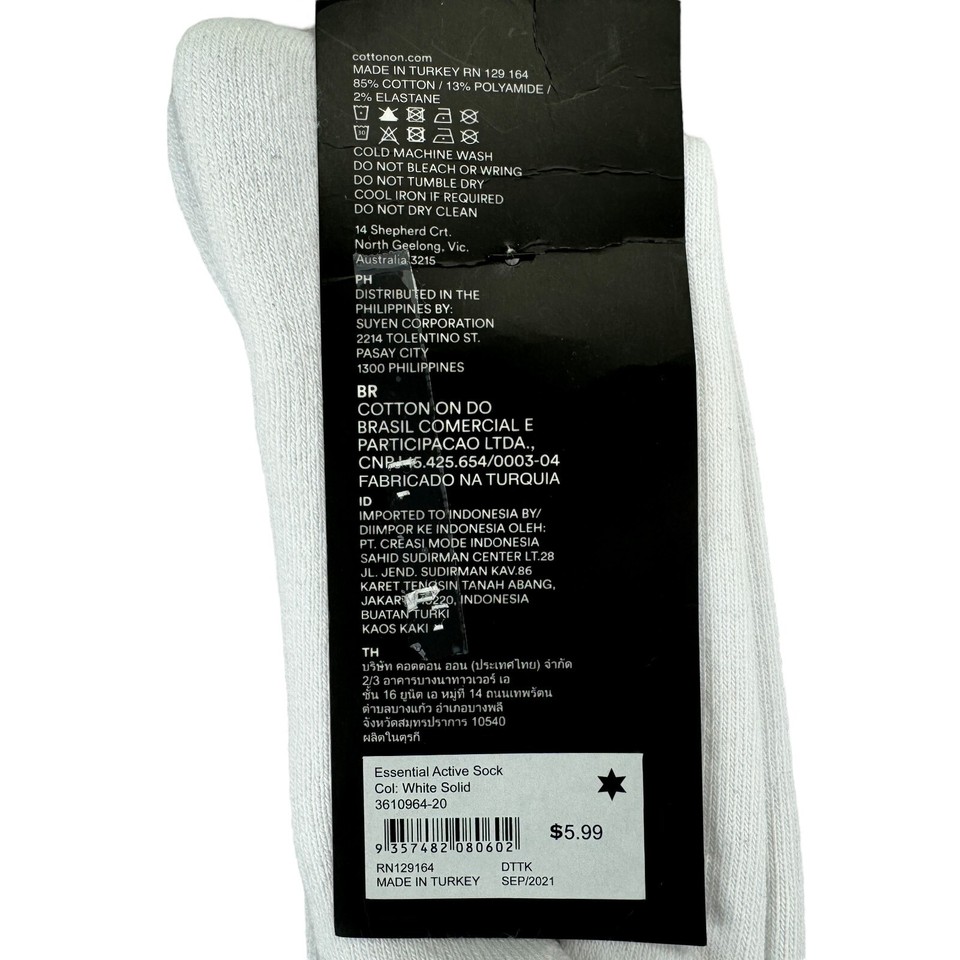 Cotton:On Mens 1-Pair Essential Active Ribbed Crew Socks White OS ...