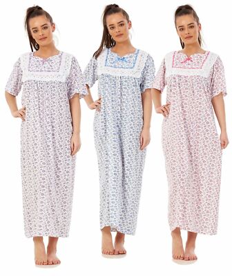 Women Nightwear Floral Print 100% Cotton Short Sleeve Long Nightdress M ...