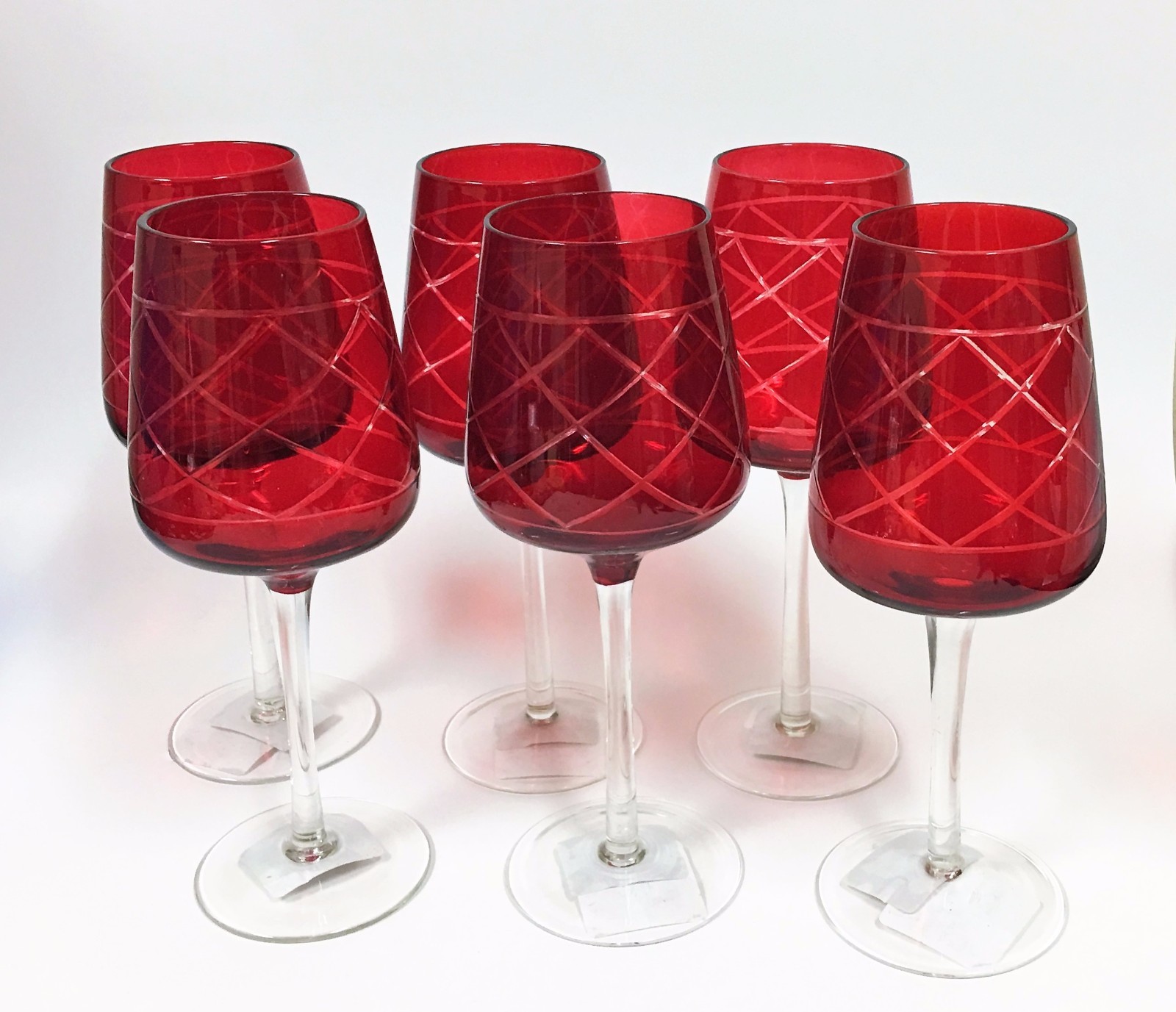 NEW SET OF 6 ALL PURPOSE RED+CLEAR CRYSTAL CUT GLASS WINE,GOBLET GLASS ...