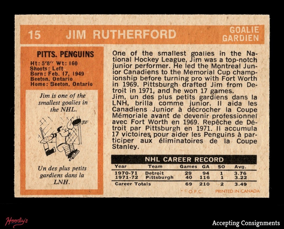 1972-73 O-Pee-Chee #15 Jim Rutherford ROOKIE RC PENGUINS VG/EX - EX | eBay