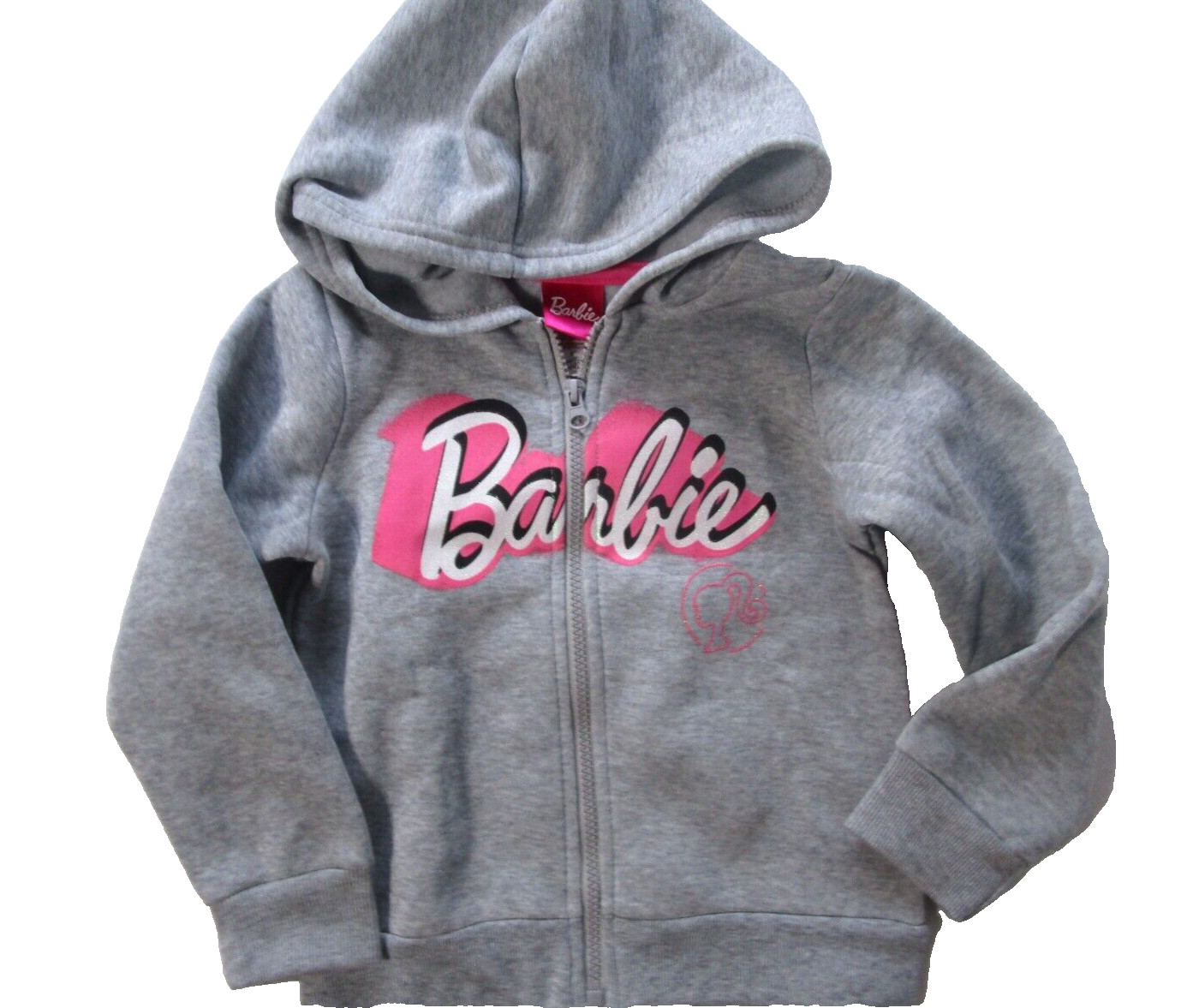 Barbie Girls Size 5 Sweat Jacket With Hood Full Zip Gray/Pink
