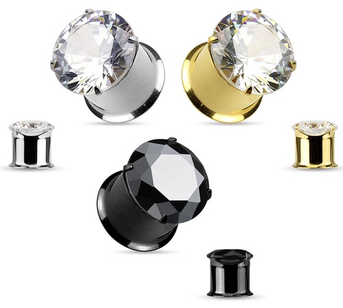 PAIR Large CZ Gem Double Flare Tunnels Ear Plug Gauges - Gold, Steel or ...