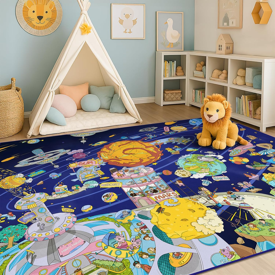 Outer Space Adventure 5X7 Kids Rug – Vibrant Galaxy Scene with Planets ...
