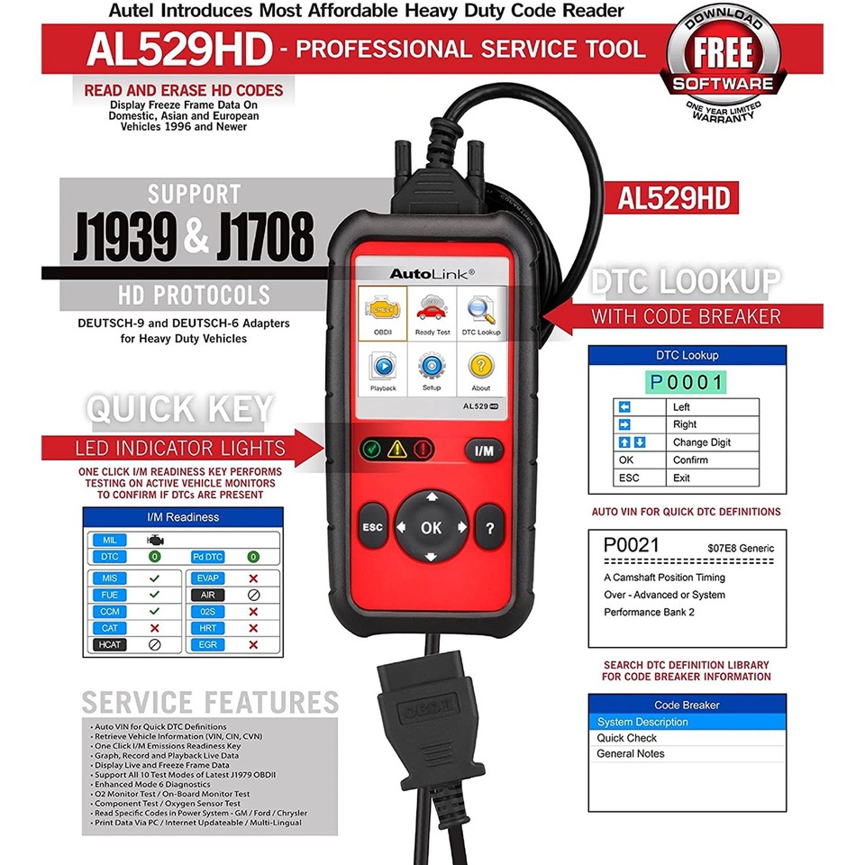 Autel AL529HD AutoLink OBD2 Scanner Heavy Duty Diesel Truck Code Reader ...