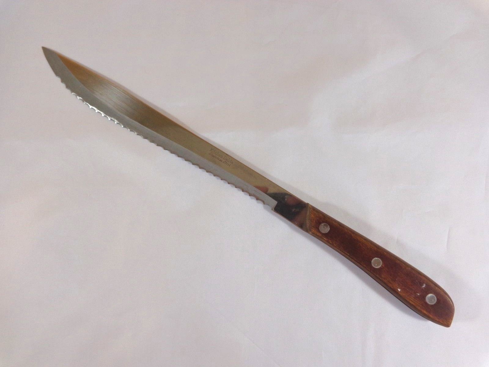 Kitchen Delite Stainless Serrated Carving Knife 10" Blade Brown Wood ...
