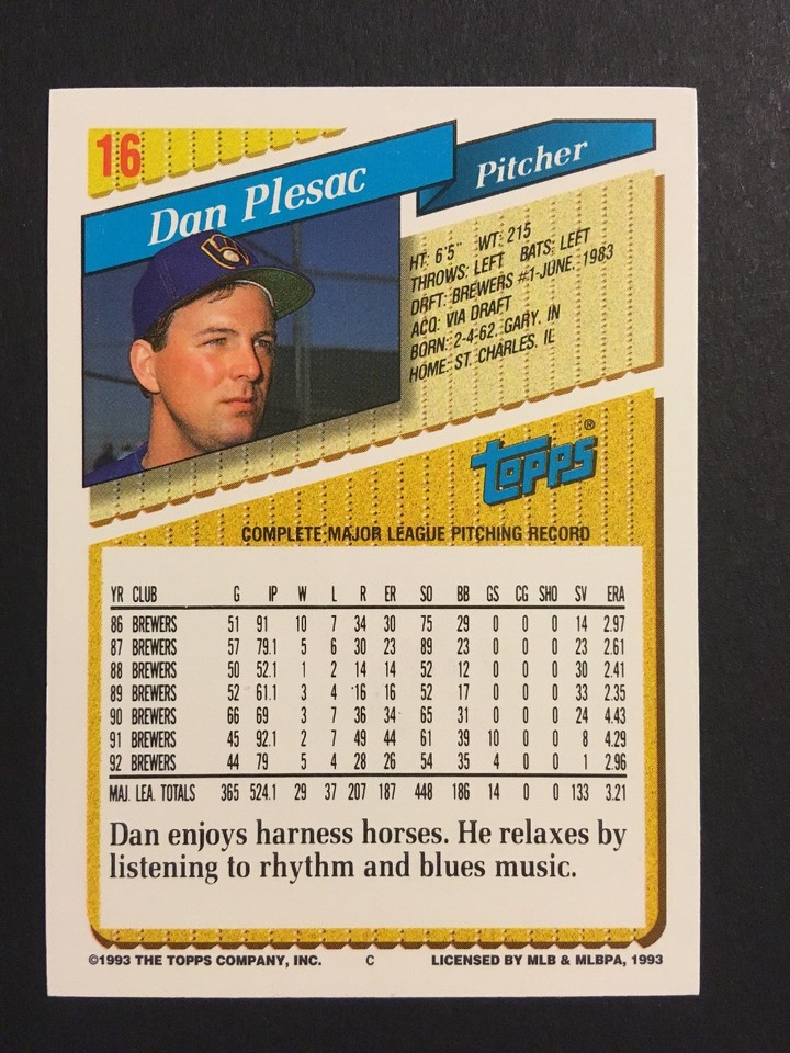 Dan Plesac Brewers Signed 1993 Topps Auto Autograph Baseball Card #16 ...