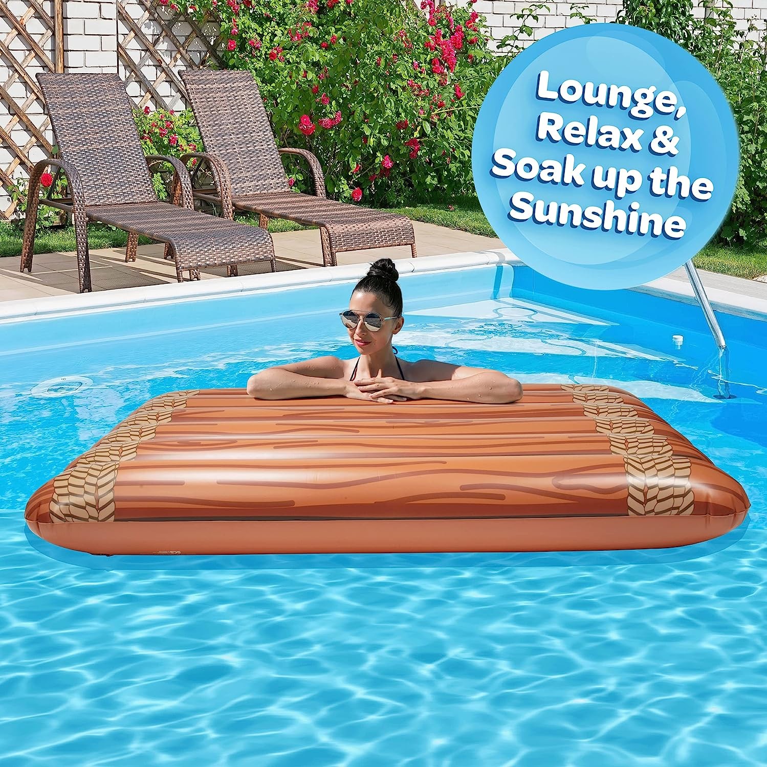 Aquamazing Log Raft Swimming Pool Float- Over 5 Feet Long XL Inflatable ...