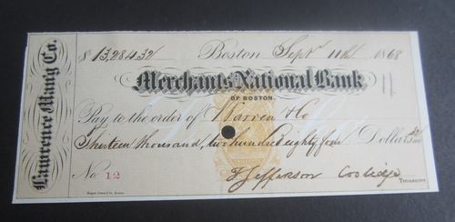 1868 - Lawrence Mfg. Co. - T. JEFFERSON COOLIDGE - Bank Check - Revenue ...