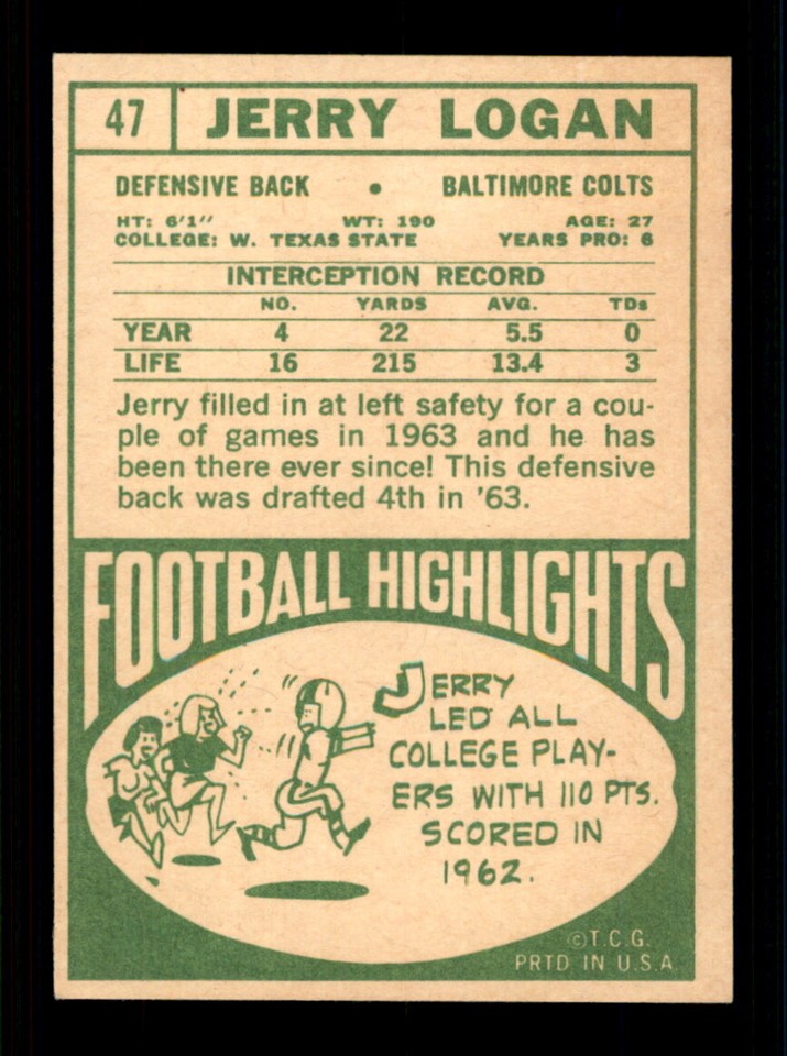 1968 Topps #47 Jerry Logan - Crease Free | eBay
