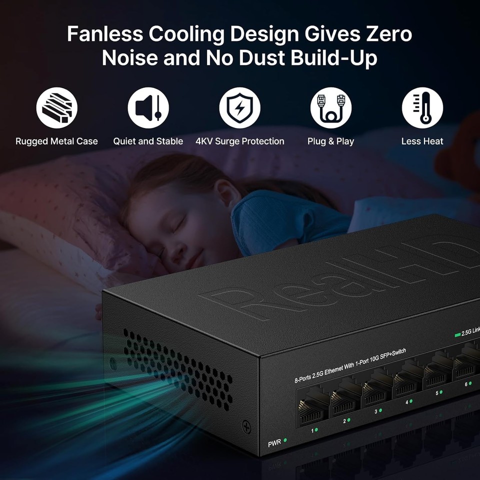 8 Port 2.5Gb Ethernet Switch Unmanaged Network Switch w/8 x 2.5G & 1 x ...