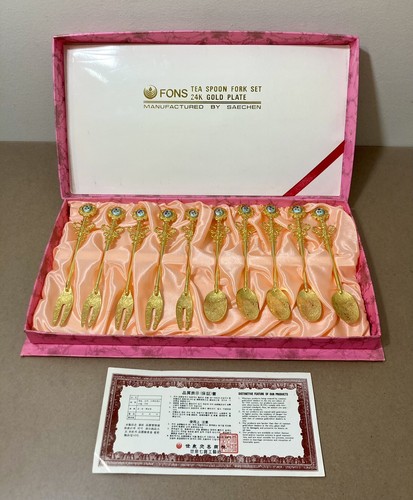 NEW IN BOX Vintage FONS 10pc Tea Spoon & Fork Set 24K Gold Plate by ...