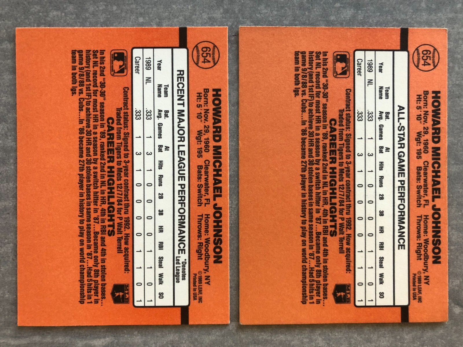 Lot of (2) 1990 Donruss HOWARD JOHNSON "Stat Line" Error & Corrected ...