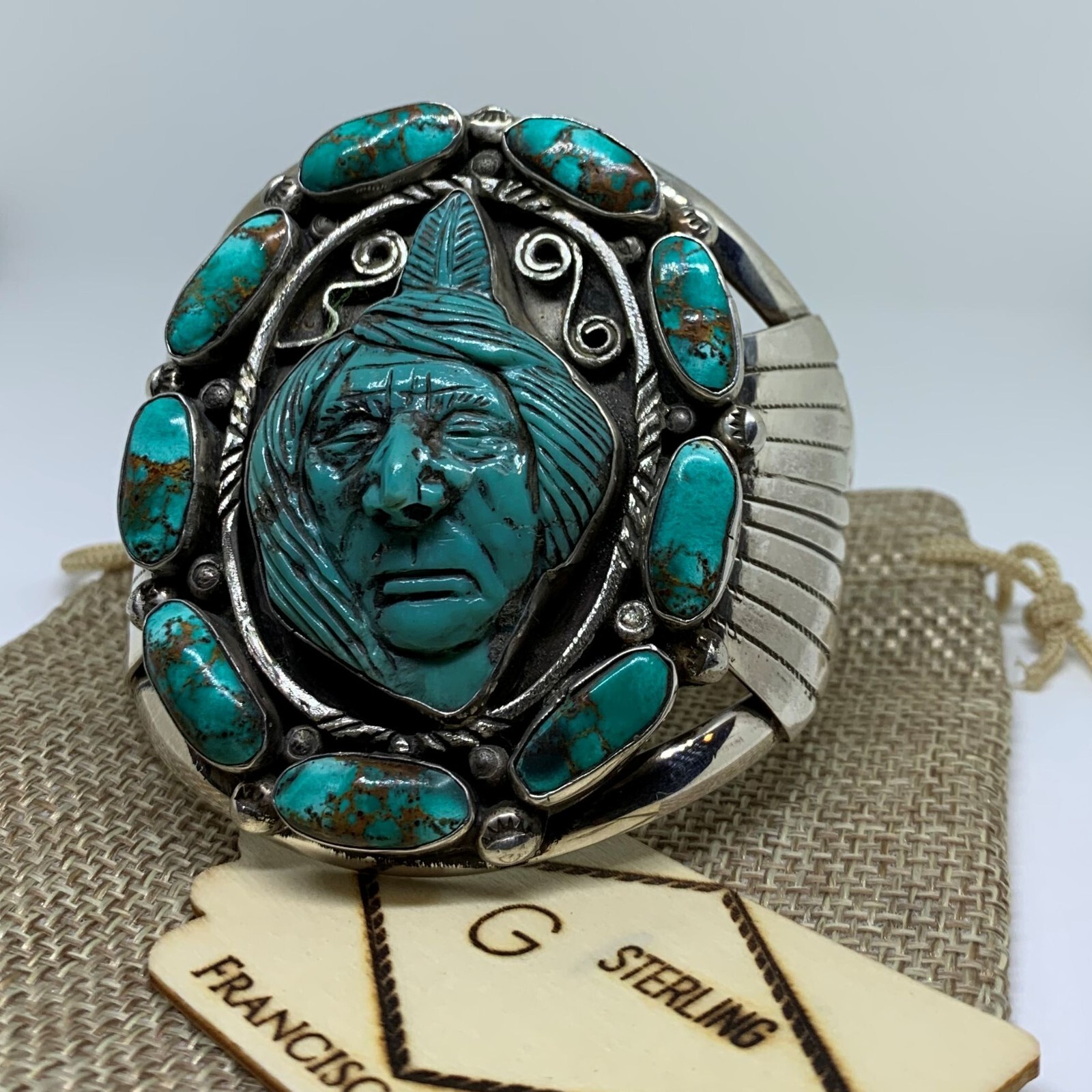 Carved Turquoise Native American Brave + Stones 925 Silver Cuff ...