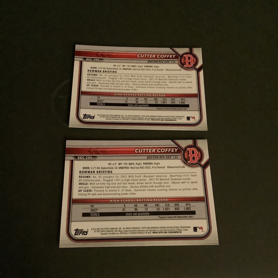 2022 Bowman Draft Chrome - Cutter Coffey #BDC-200 - Boston Red Sox (2 ...