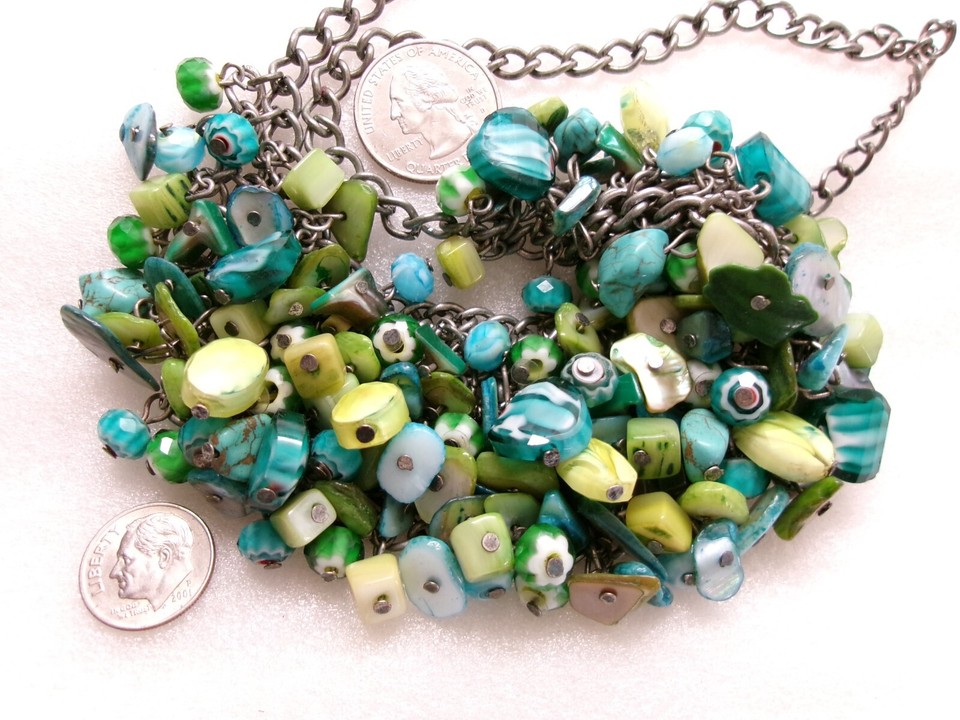 Vintage Art Glass on Chain Mail Bib Necklace Turquoise & Lime Dangling ...