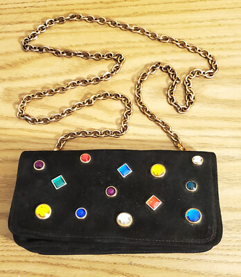 VTG L J SIMONE NEW YORK EVENING BAG BLACK LEATHER JEWELED - GOLD ...