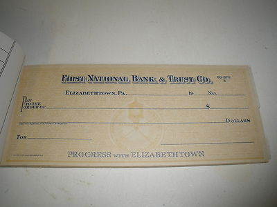 VINTAGE FIRST NATIONAL BANK ELIZABETHTOWN, PA CHECKBOOK W/ REMAINING ...