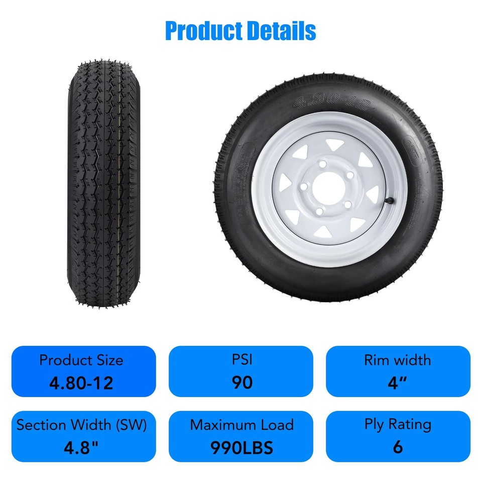2PC 4.80-12 4.80x12 480-12 Trailer Tires 6-Ply Load Range C 5 Lug with ...