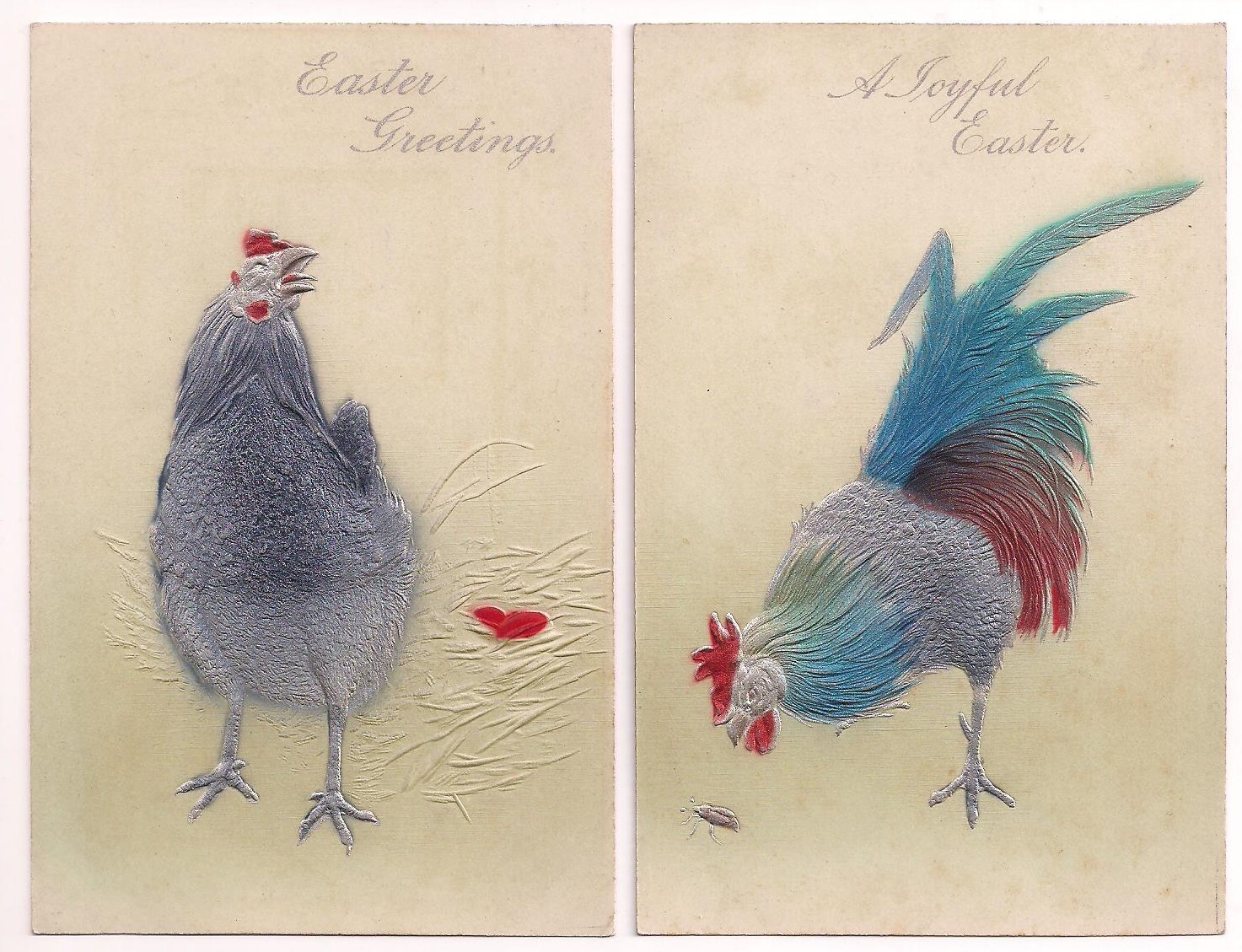 EASTER 2 Vintage Postcard Lot HEN & ROOSTER Pecking at INSECT BEETLE ...