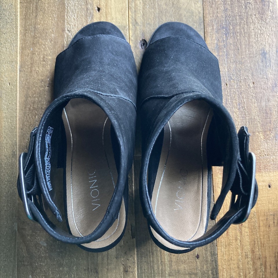 Vionic Blakely Black Suede Peep Toe Ankle Strap Heels Shoes Size 7.5 M ...