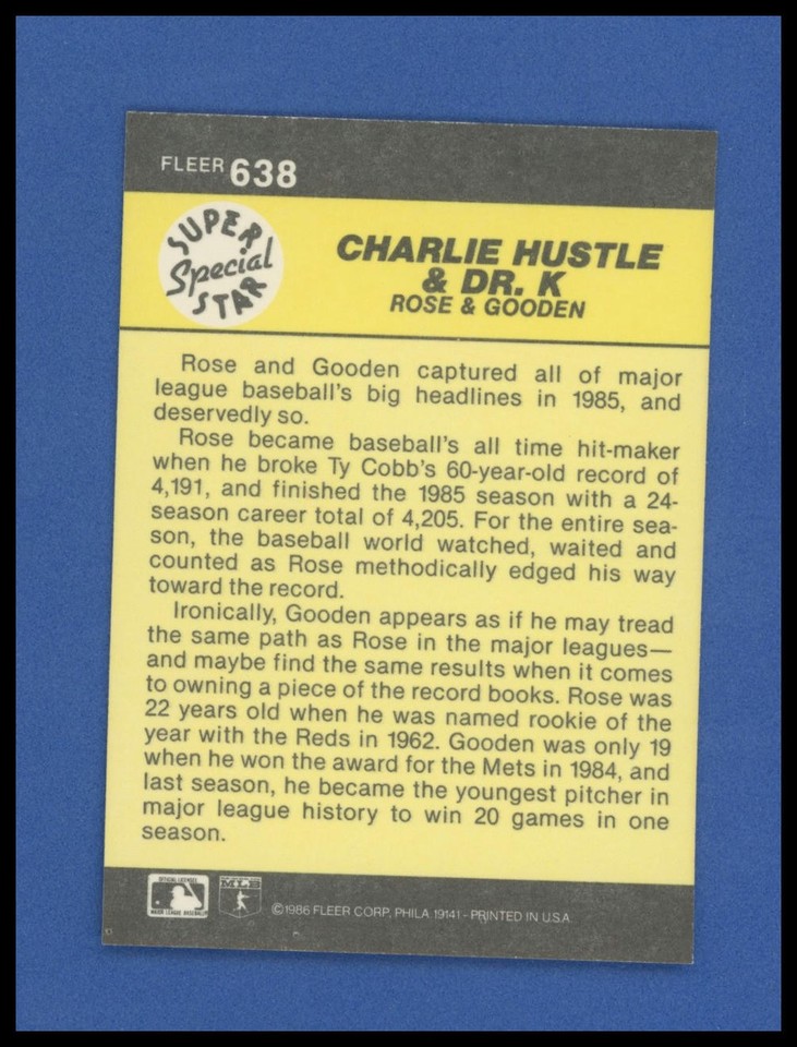1986 Fleer #638 Charlie Hustle & Dr. K - Pete Rose - Dwight Gooden | eBay
