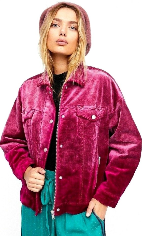 FOR REPAIR: Free People S Pink Velvet Trucker Jacket Oversized Fuchsia ...