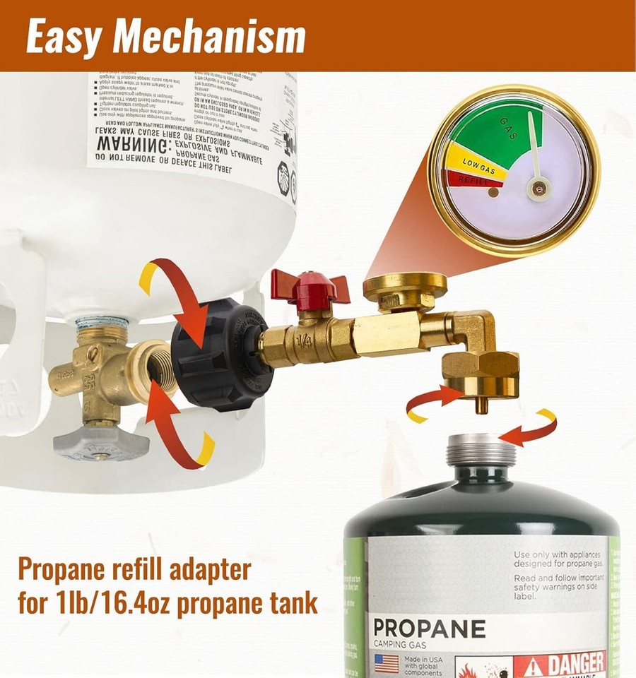 1-4 Propane Refill Adapter With Valve and Gauge Fill 1Lb Bottle From 5 ...