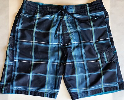 SPEEDO Men’s Swim Trunks Board Shorts Sz M Blue Multi Plaid Elastic ...