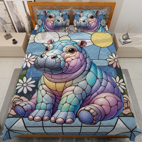 Colorful Hippopotamus Quilt Bedding Set, Cute Animal Print Comforter ...