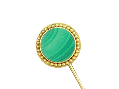 VICTORIAN SOLID 14K GOLD DOUBLE ENDED SCARF PIN w/ MALACHITE 3.25" / 10 ...