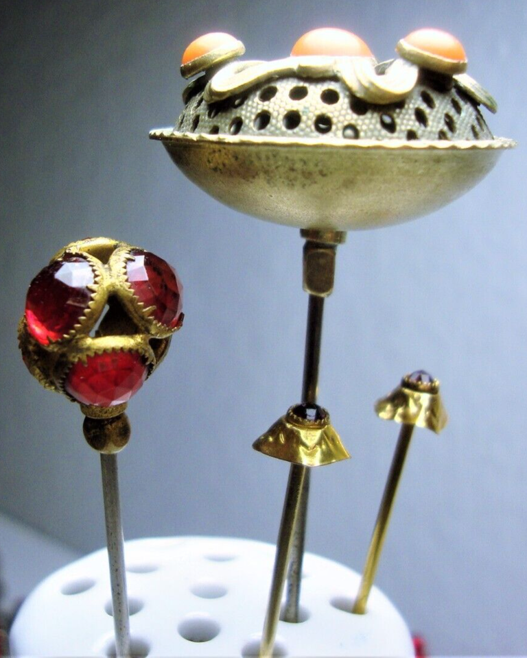 Vintage HAT PINS & HOLDER - Nouveau Hat Pins (4) - Hand Painted Hat Pin ...