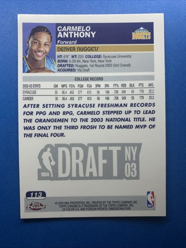2003-04 Topps Chrome - #113 Carmelo Anthony Rookie Knicks Nuggets 🔥 | eBay
