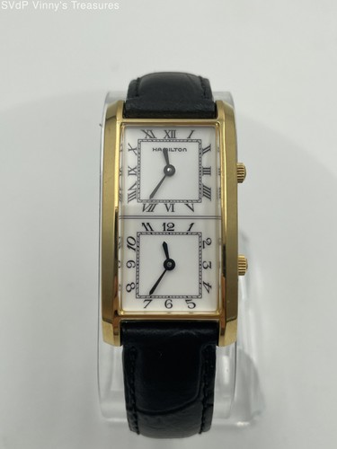 Hamilton Dual Time Zone Gold Tone Watch 6274 Roman & Arabic Dial Black ...