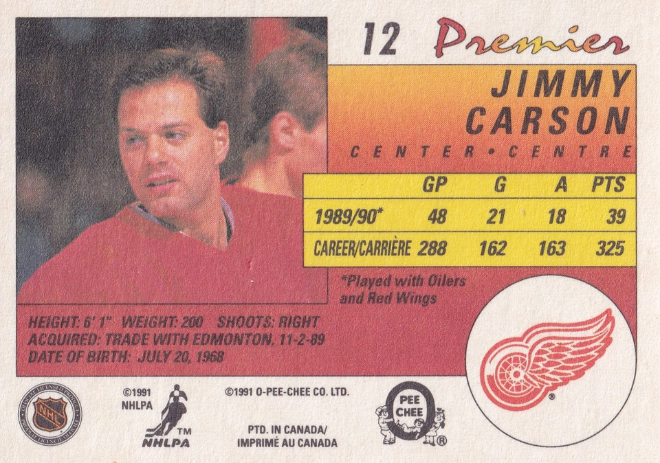 1991-92 O-Pee-Chee #12 Jimmy Carson- Detroit + (Yes 4 Free Mystery ...