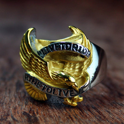Men's Live to Ride American Eagle Hawk Gold Motorcycle Biker Ring ...