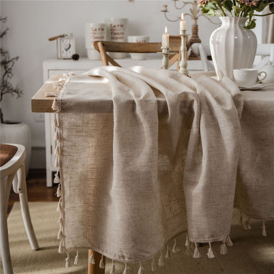 Beige Linen Tablecloth Tassel Fringe Table Cloth Cover Dining Kitchen ...