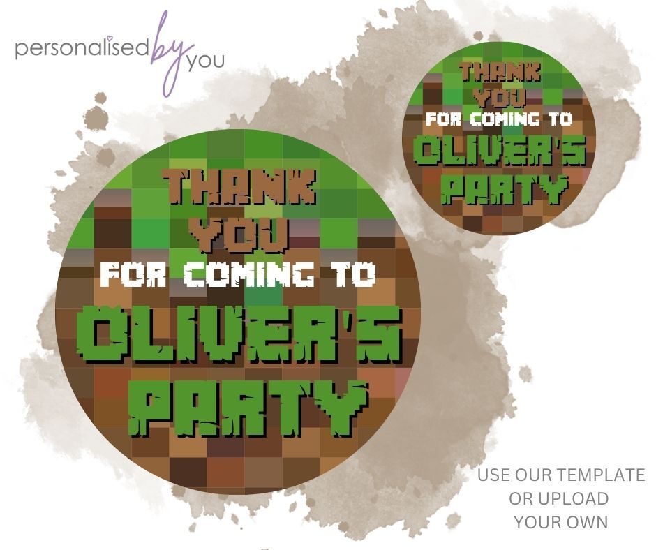 PERSONALISED CUSTOM ROUND PRINTED STICKERS Mine Game THEME THANK YOU ...