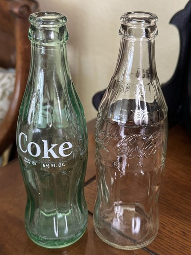 Two Vintage Empty Coke Bottles Glass clear 10 oz & green 6 1/2 fluid oz ...
